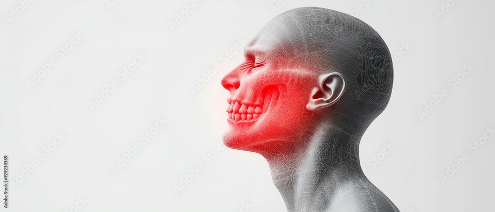 A head illustrated with a red glow around the jaw, depicting severe ...