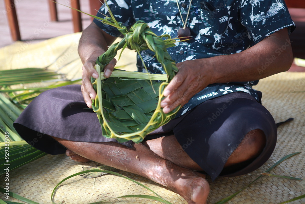 Fijian traditional basket weaving from palm leaves, men's basket ...