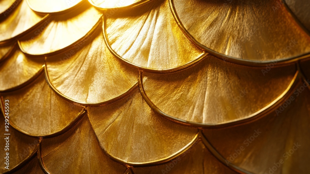 Golden plate texture with a layered, scalloped design, where lighting ...