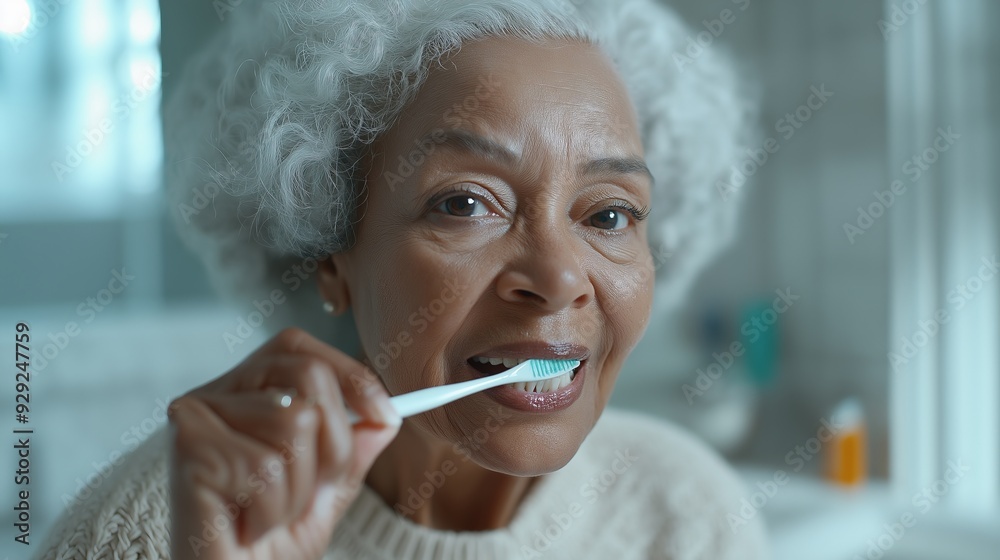Elderly African American Woman Brushing Her Teeth in a Bright Bathroom ...