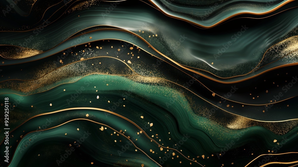 An abstract wallpaper with flowing emerald green and gold patterns on a ...