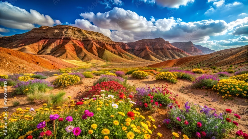 Vibrant wildflowers bloom amidst rusty red sand dunes and rocky ...