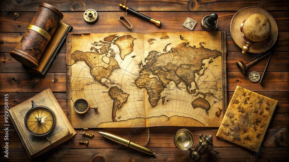 Vintage brown map with yellowed edges, creases, and tears, laid flat on ...