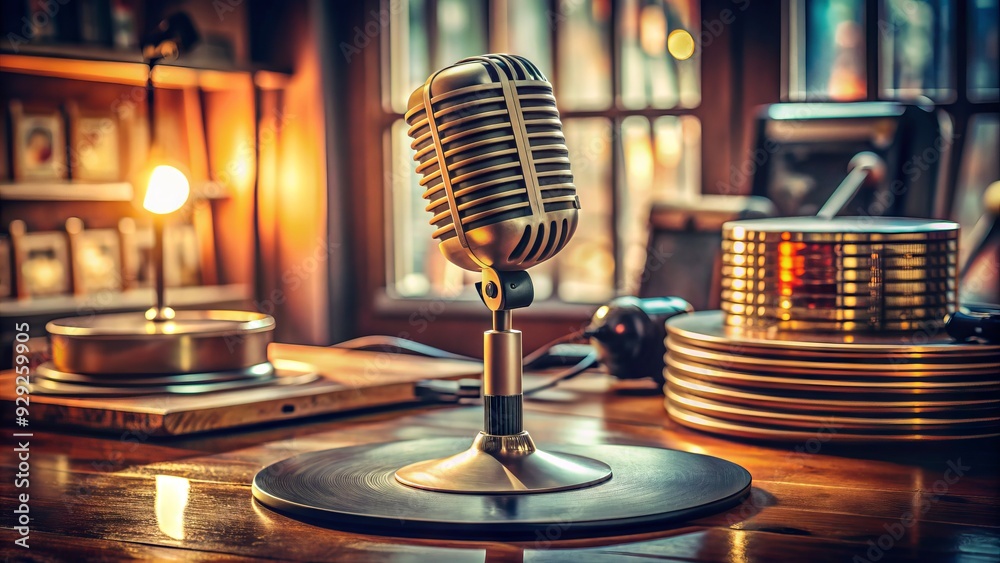 Vintage microphone on a retro-style radio broadcasting studio table ...