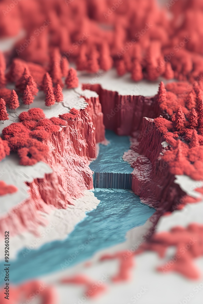3D Isometric Model of a River Gorge with Red Forest and Waterfall Stock ...