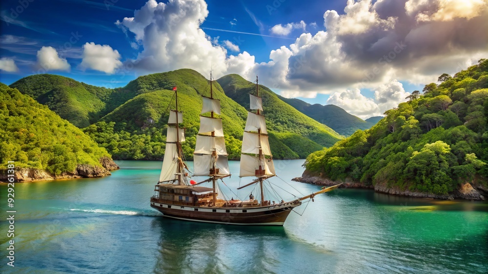 Vintage three-masted sailing vessel with billowing sails and Jolly ...