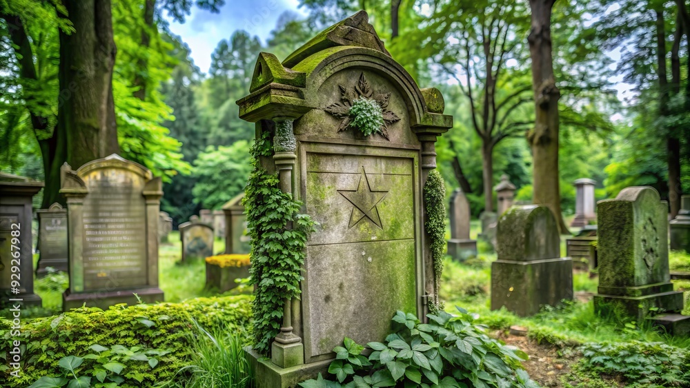 Weathered Jewish headstone with intricate Hebrew inscriptions stands ...