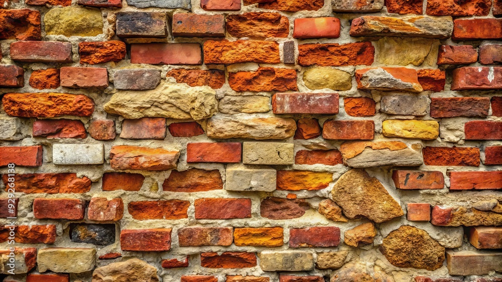 Weathered, rustic stone and brick wall texture featuring irregularly ...