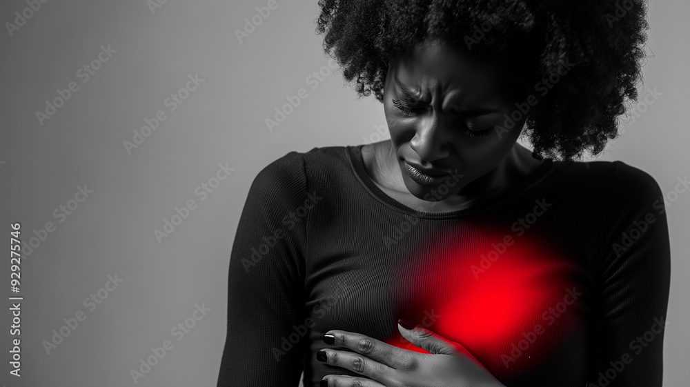 A Black woman in distress, clutching her stomach, black and white photo ...