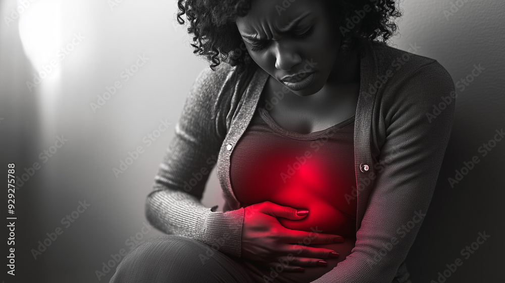 A Black woman in distress, clutching her stomach, black and white photo ...