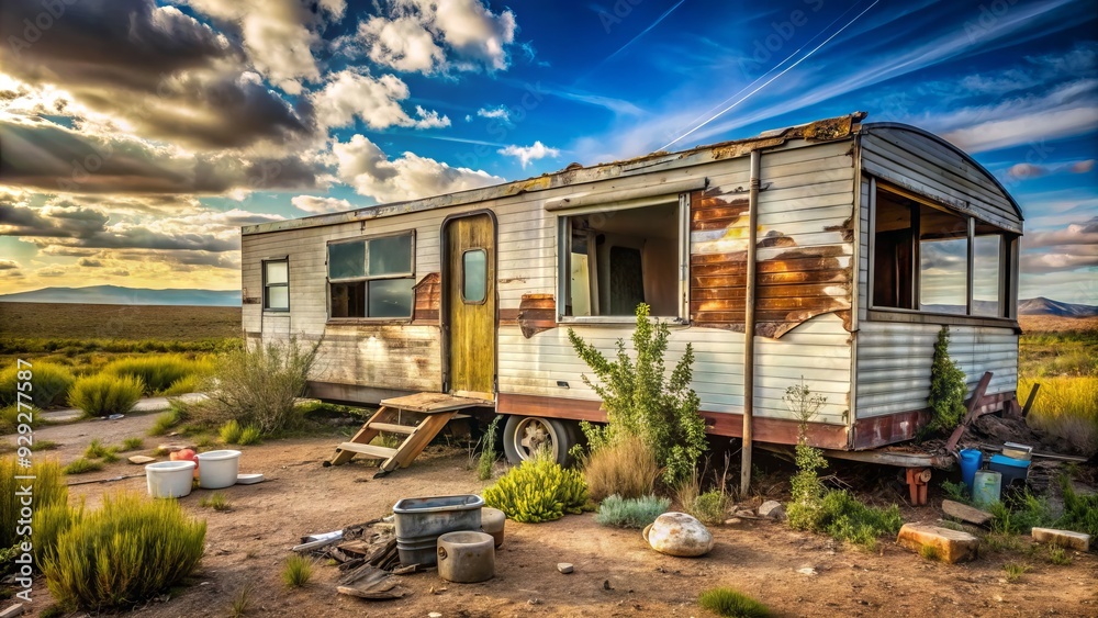 Wrecked and abandoned mobile home trailer with shattered windows ...