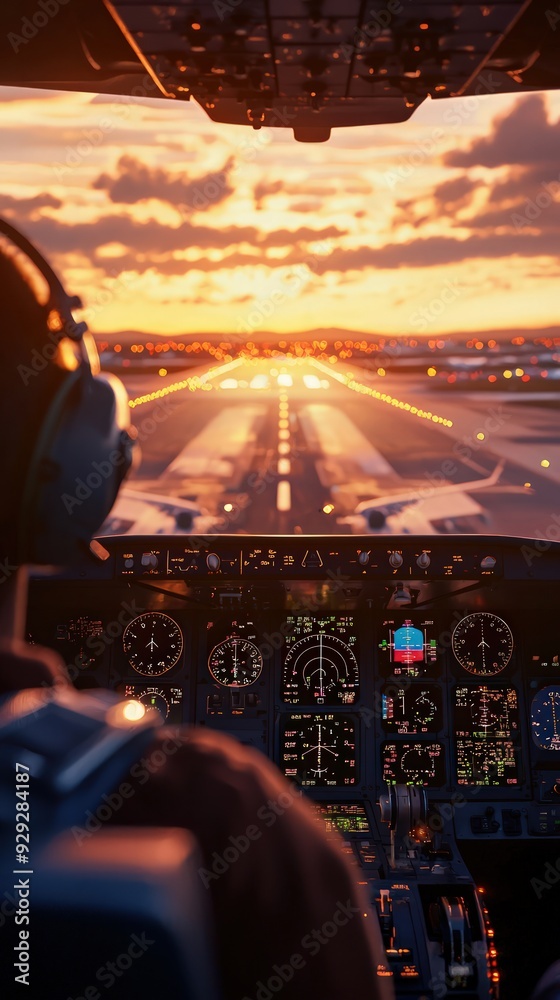 Captivating view from a cockpit during sunset, showcasing instruments ...