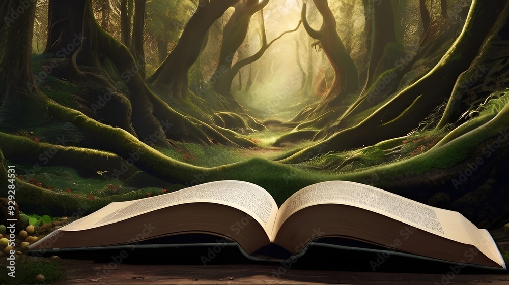 This is a magical image of a book that opens up to reveal a path ...