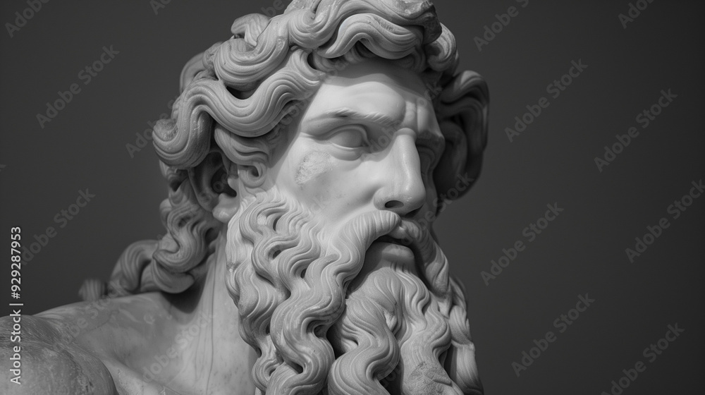 Poseidon's Gaze: A close-up of a marble statue of Poseidon, the Greek ...