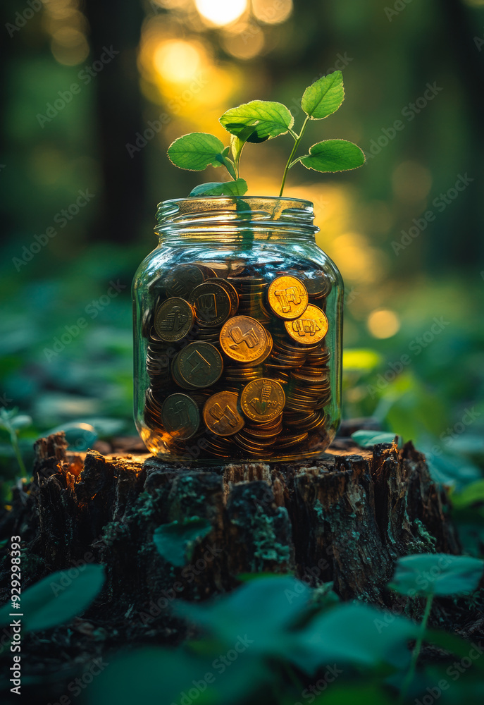 Coin jar with a growing plant on a tree stump in a forest. A glass jar ...
