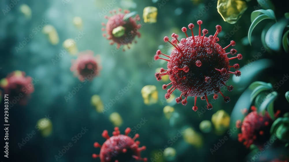 3D illustration of a red virus with spiky proteins, floating amidst green and yellow cellular ...