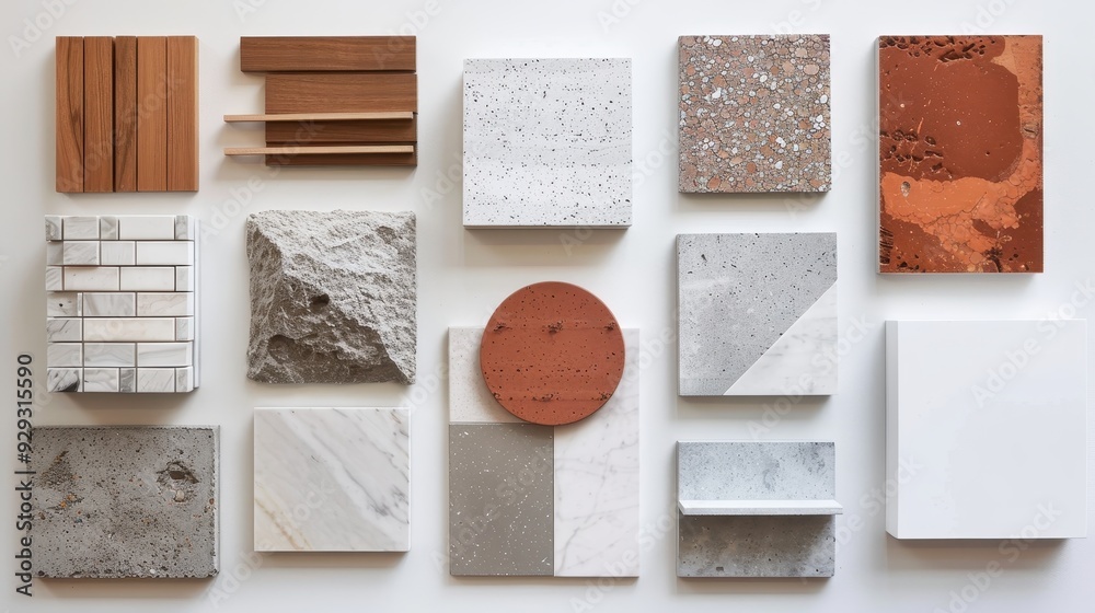 Variety of materials and textures, including wood, concrete, marble ...