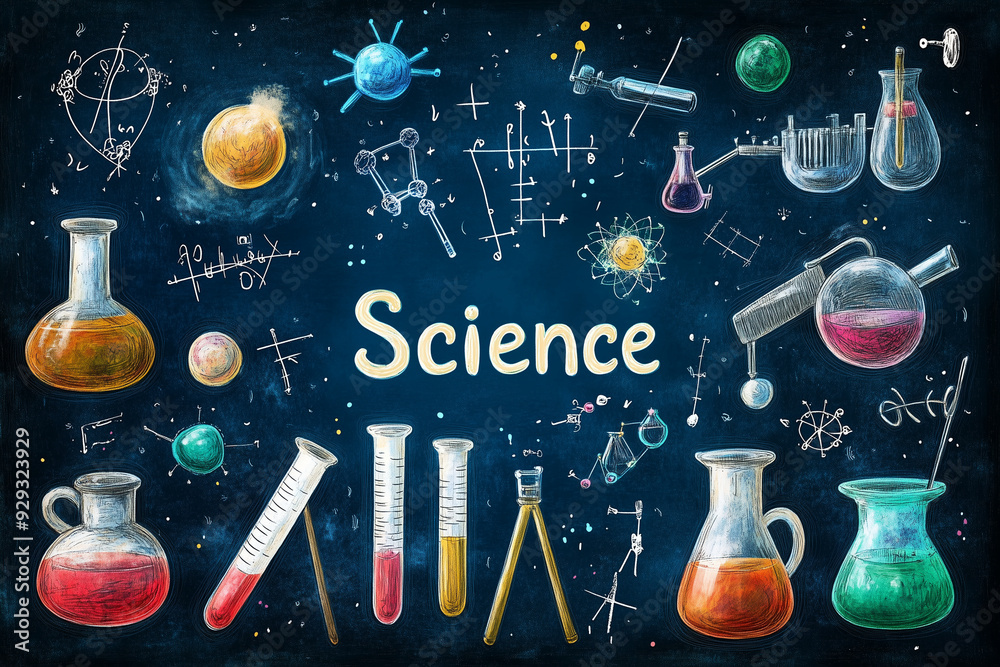 This whimsical illustration of a set of laboratory equipment, filled ...