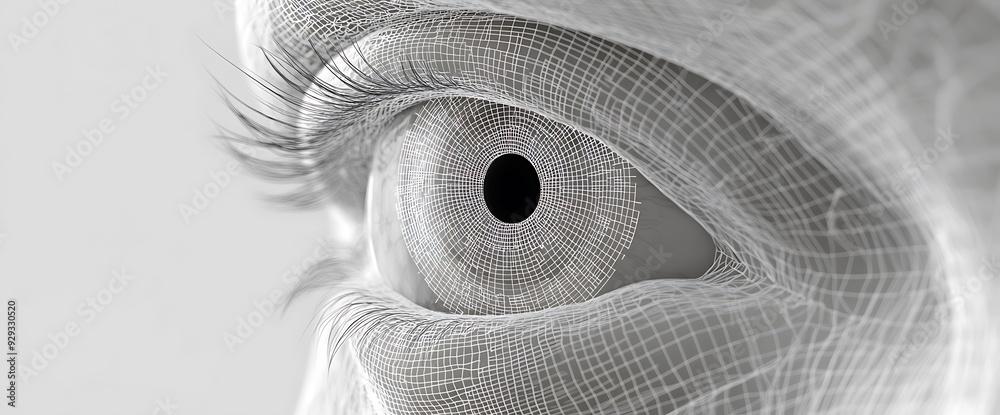 Closeup of a human eye rendered in a digital wireframe mesh, a modern ...