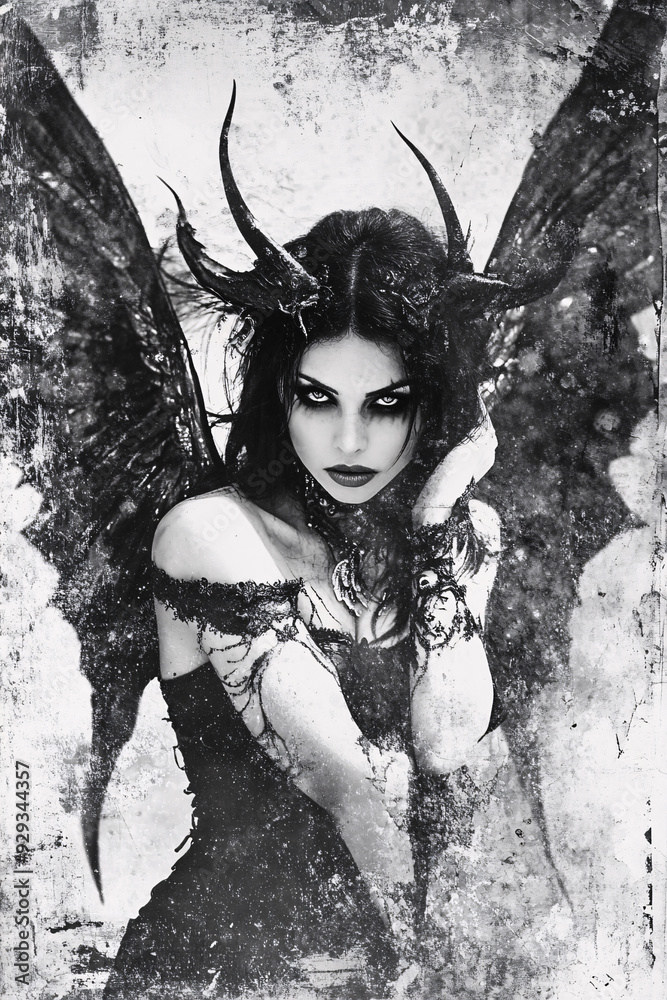 Intense black and white portrait of a female demon with horns and wings ...