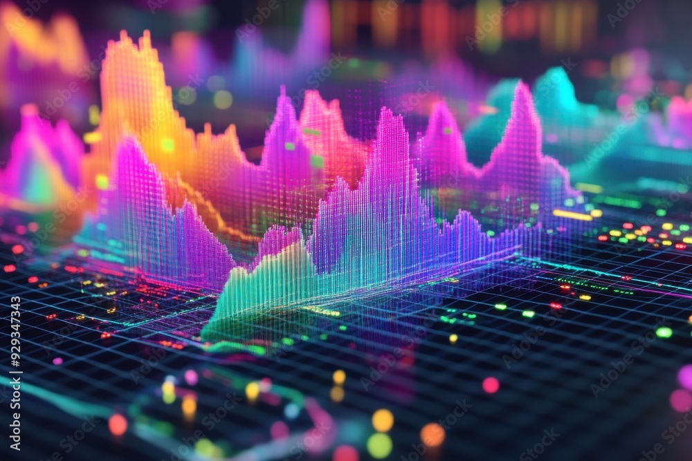 3D graph with colorful peaks and gridlines representing complex digital ...