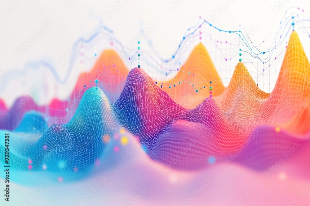 3D graph with colorful peaks and gridlines representing complex digital ...