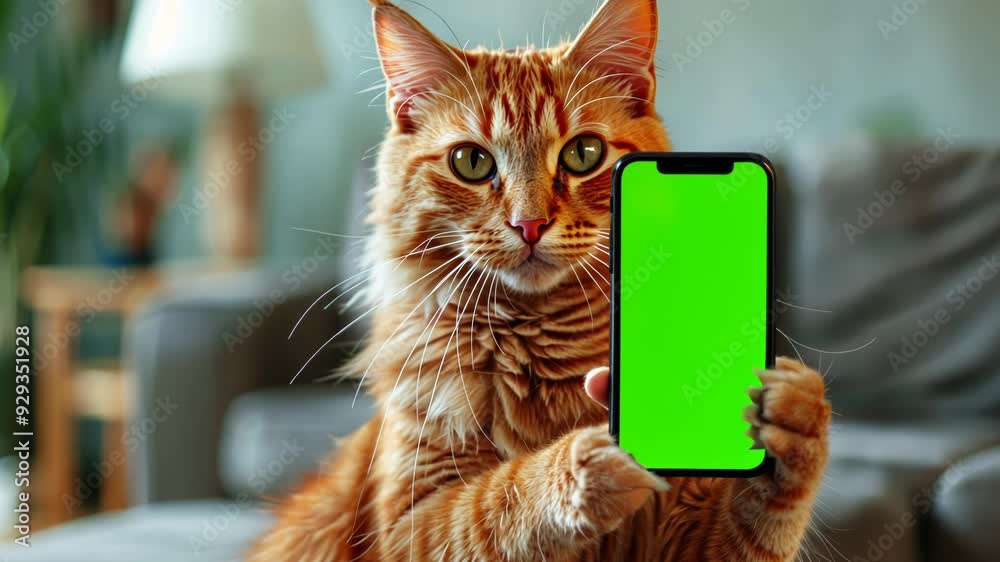 Cat portrait paw holding chroma key phone, touching, clicking, tapping ...