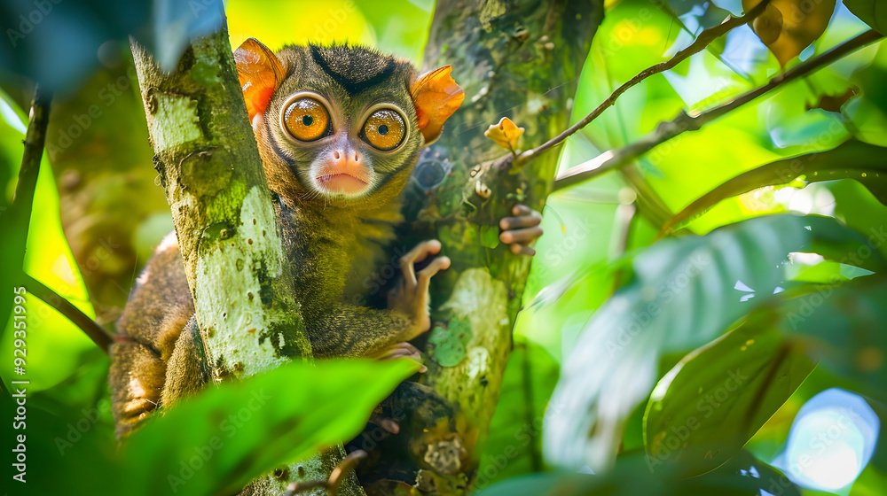 Closeup of an adorable tarsier monkey Tarsius Syrichta peeking out from ...