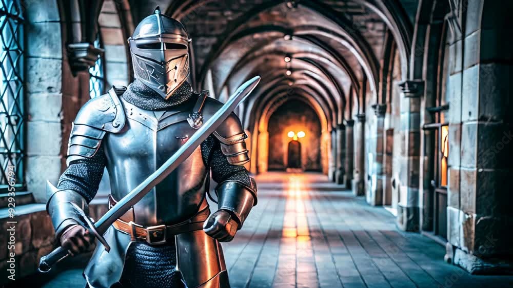 Medieval knight in shining armor holding a sword in a gothic corridor, symbolizing bravery and ...