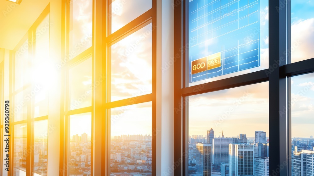 Modern office view through large windows capturing a bright sunset over ...