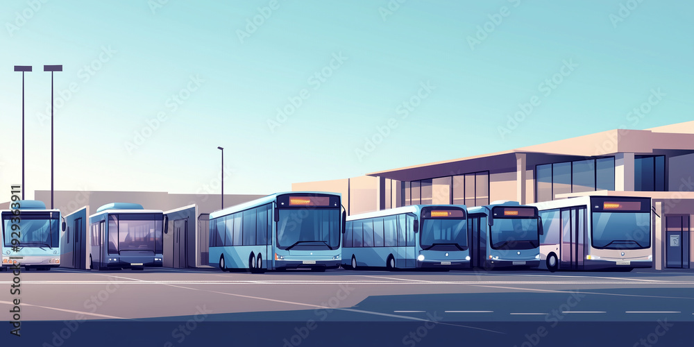 Line of buses parked at terminal bays adjacent to the main building ...