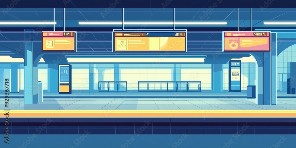 Light rail station platform with signage indicating departure times and ...