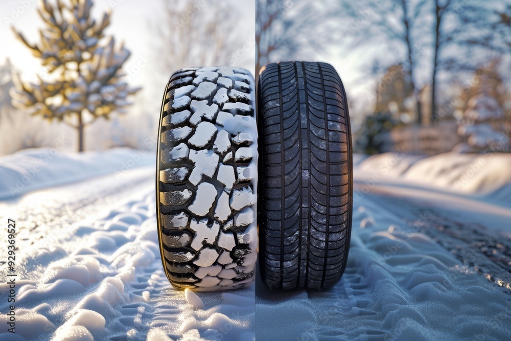Comparison of winter and summer tires placed side by side on a snowy ...