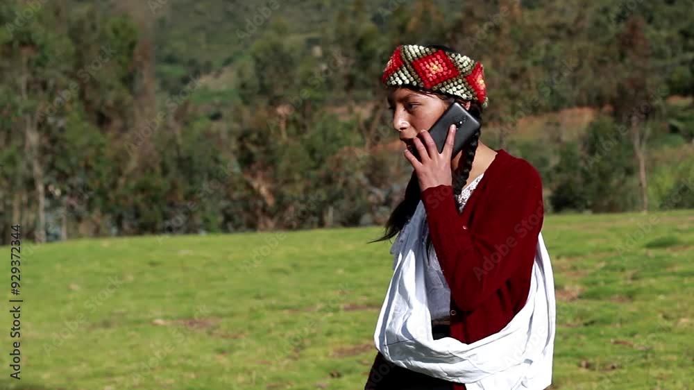 una feliz campesina caucásica hablando por teléfono inteligente puesta ...