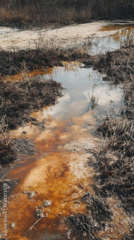 Contaminated water flows through land filled with dried grass and ...