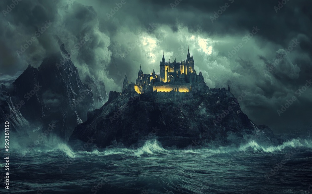 Dark Enchanted anime-style Medieval Castle on a Hill Surrounded by a ...