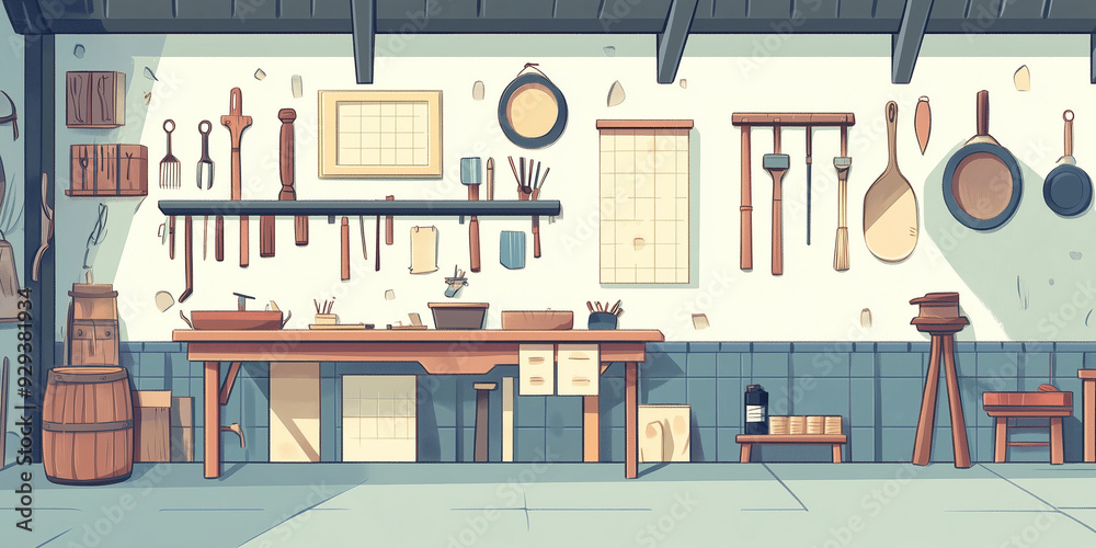 Depiction of a traditional craft workshop with tools and materials in ...