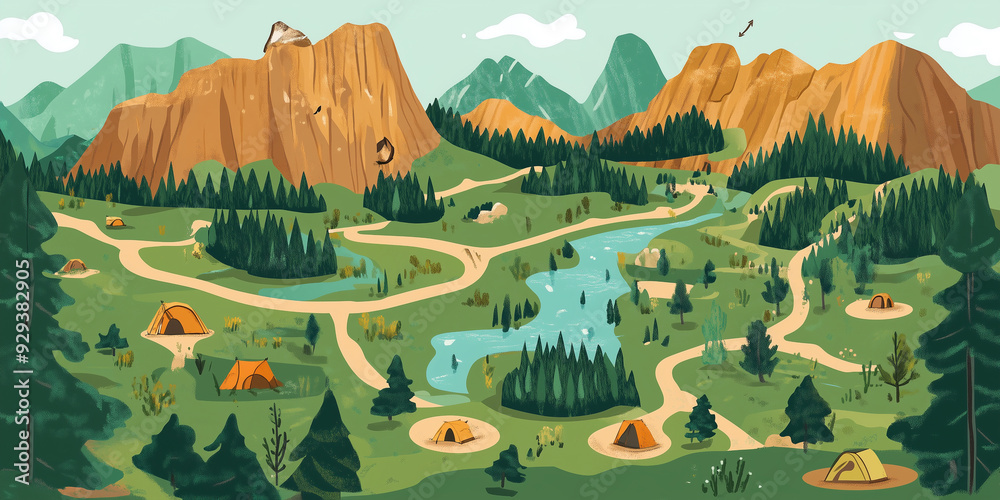 Guide map of a national park with trails, campsites, and natural ...