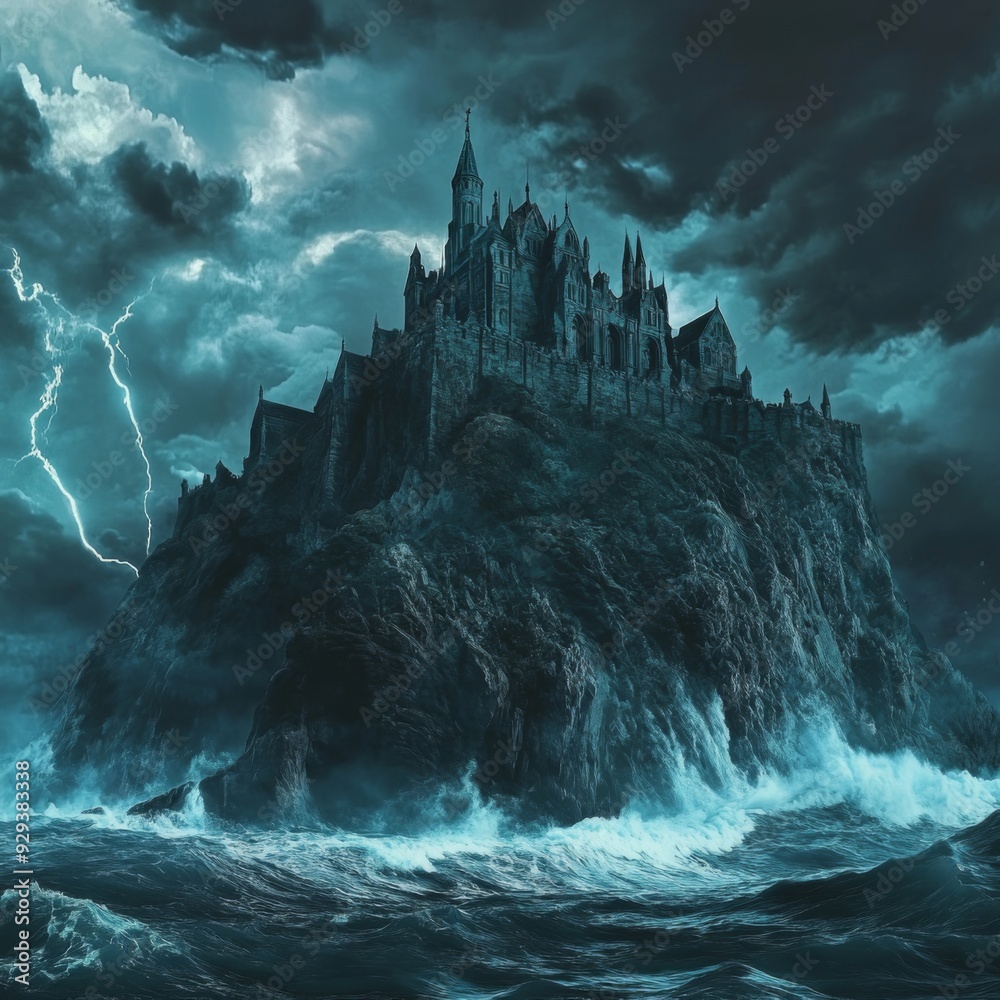 Dark Enchanted anime-style Medieval Castle on a Hill Surrounded by a ...