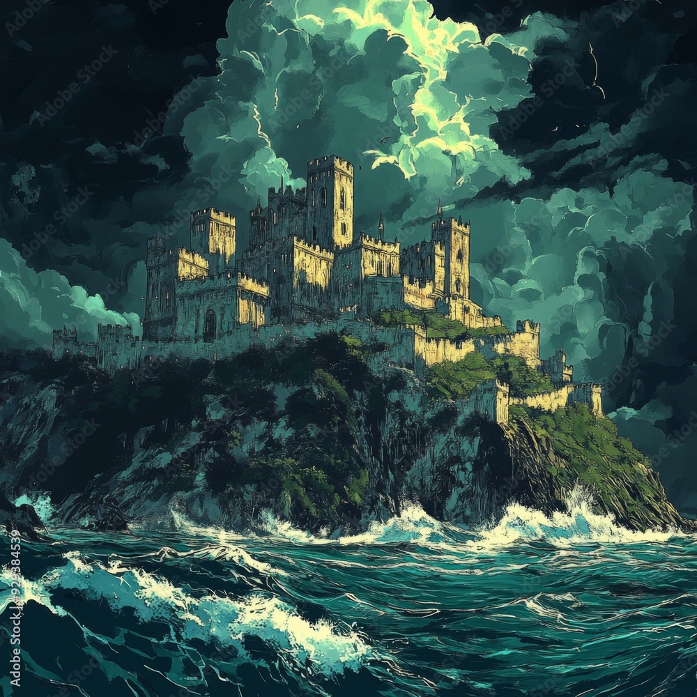 Dark Enchanted anime-style Medieval Castle on a Hill Surrounded by a ...