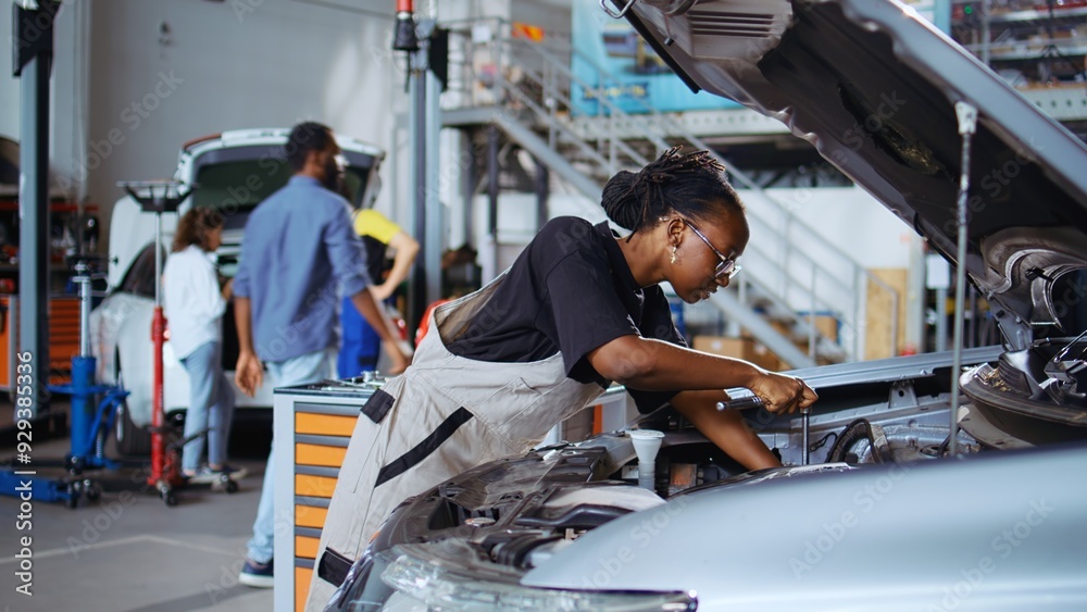 Repair shop workers using torque wrench and screwdriver to fix car in ...