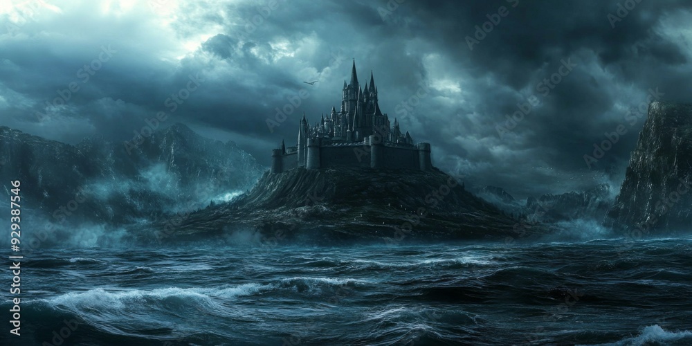 Dark Enchanted anime-style Medieval Castle on a Hill Surrounded by a ...