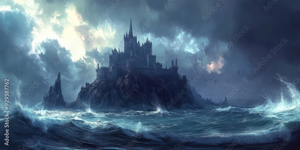 Dark Enchanted anime-style Medieval Castle on a Hill Surrounded by a ...