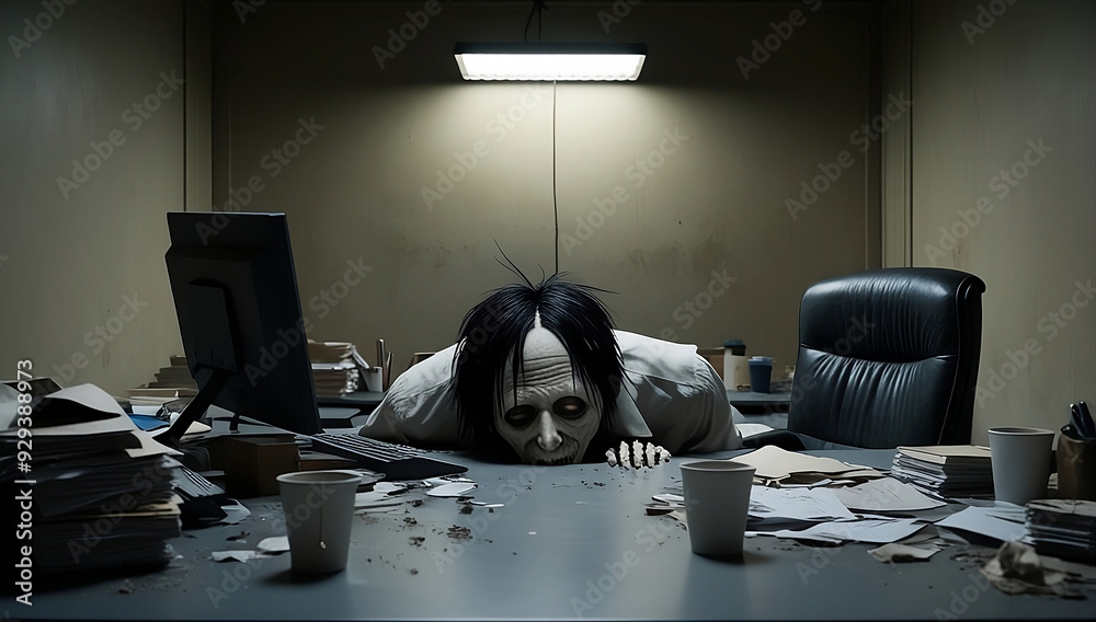 Haunting Workplace a deadpan, deadman sitting on a computer desk in a ...