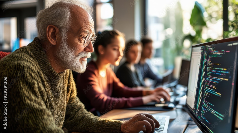 An older man collaborates with younger colleagues on coding in a bright ...