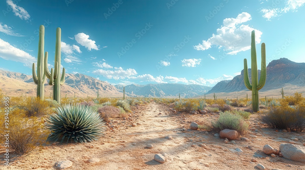 arid desert landscape sunbaked rock formations and cacti under vast blue sky warm colors and ...