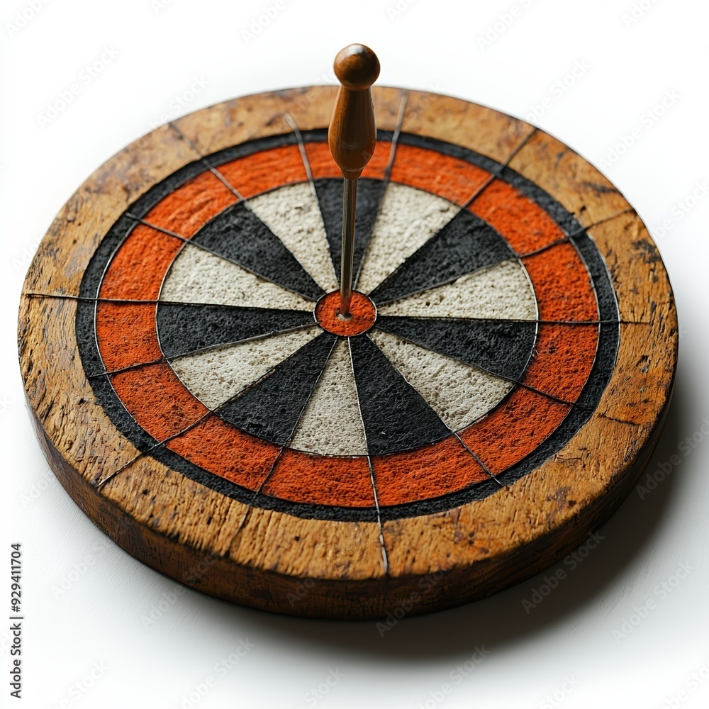 Vintage wooden dartboard with a single dart at the bullseye ...