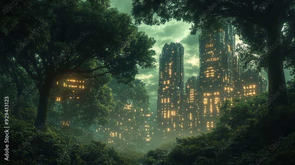 cybernetic forest where organic trees seamlessly merge with ...