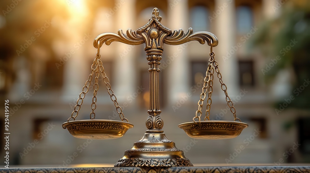 elegant golden scales of justice balanced perfectly in front of a grand ...