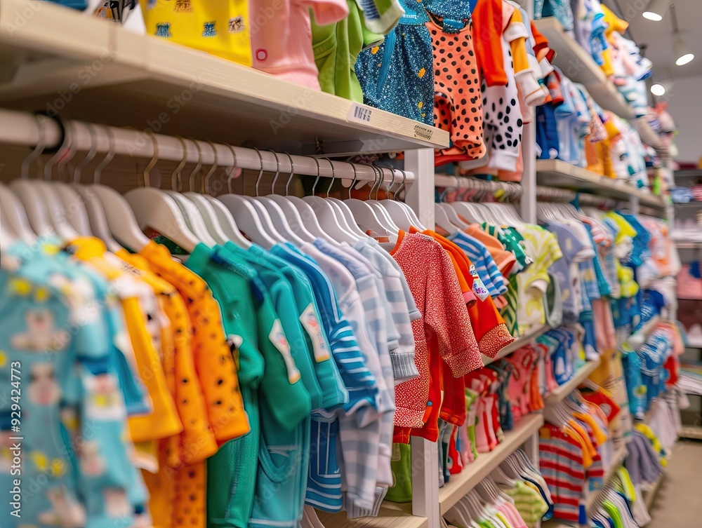Colorful Display of Baby Clothes on Hangers in a Modern Retail Store ...